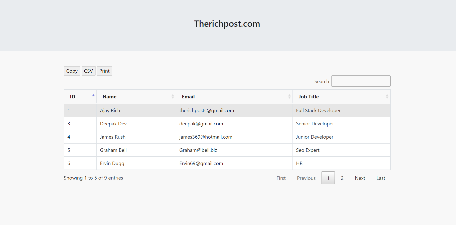 Reactjs Datatable with Export Buttons Print CSV Copy with Dynamic Data - Therichpost