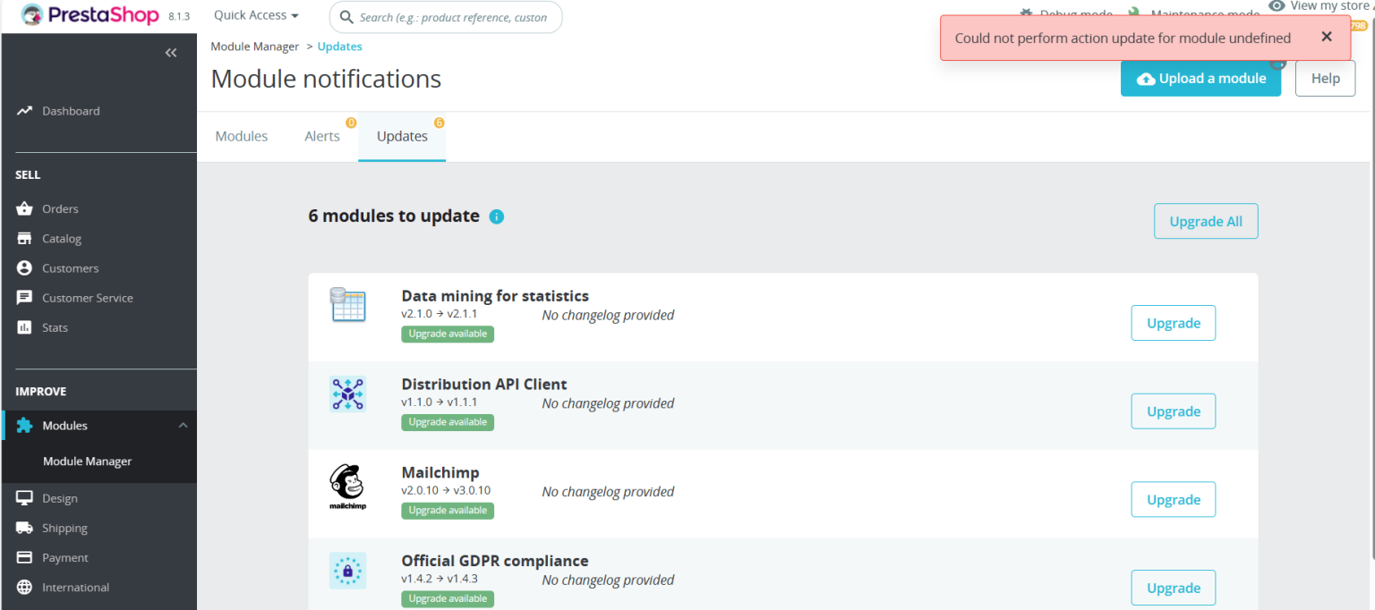 Prestashop Could not perform action update for module undefined - Solved - Therichpost