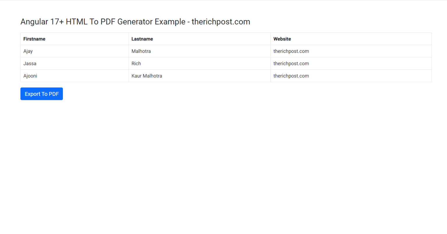 Angular 17+ Convert HTML into PDF Working Functionality - Therichpost