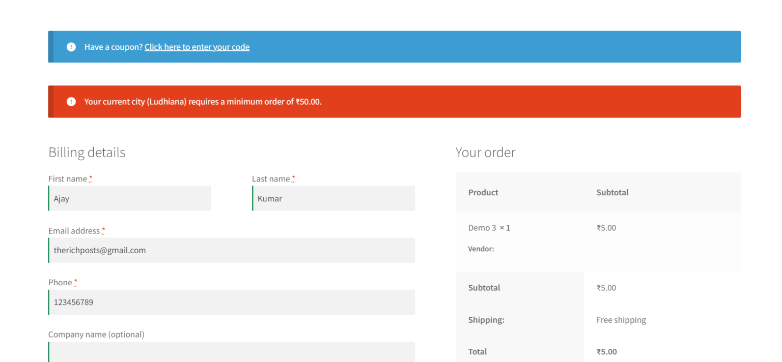 WooCommerce Set Minimum Order Amount based on cities - Therichpost WooCommerce Set Minimum Order Amount based on cities - Therichpost
