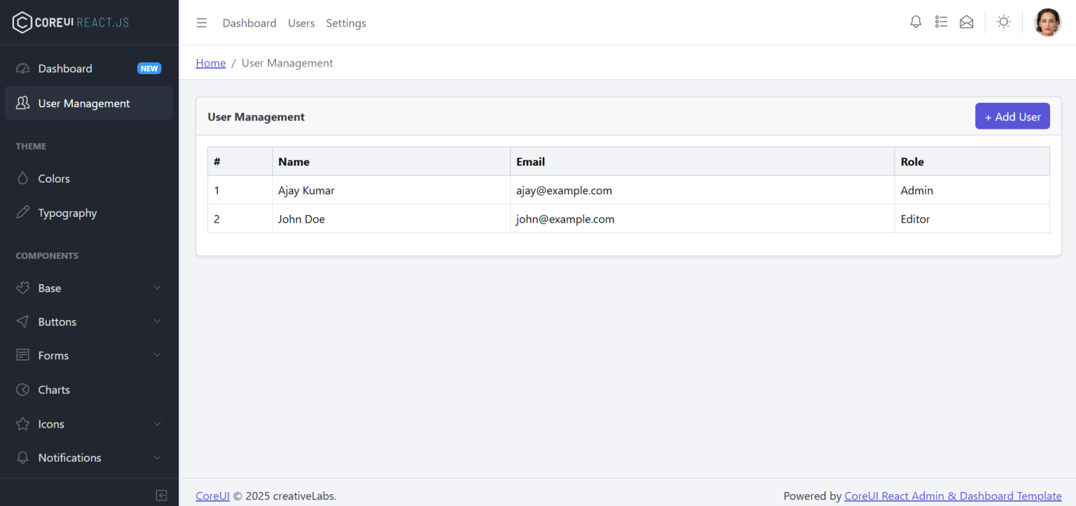 Add User Management Page in CoreUI React Dashboard Dashboard – Therichpost